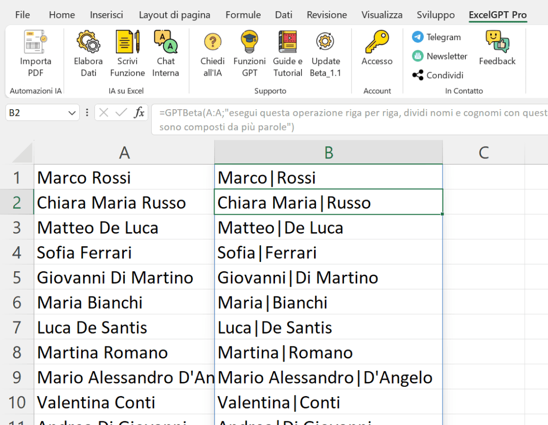 Dividere Nomi e Cognomi con ExcelGPT Pro (Nuovo)